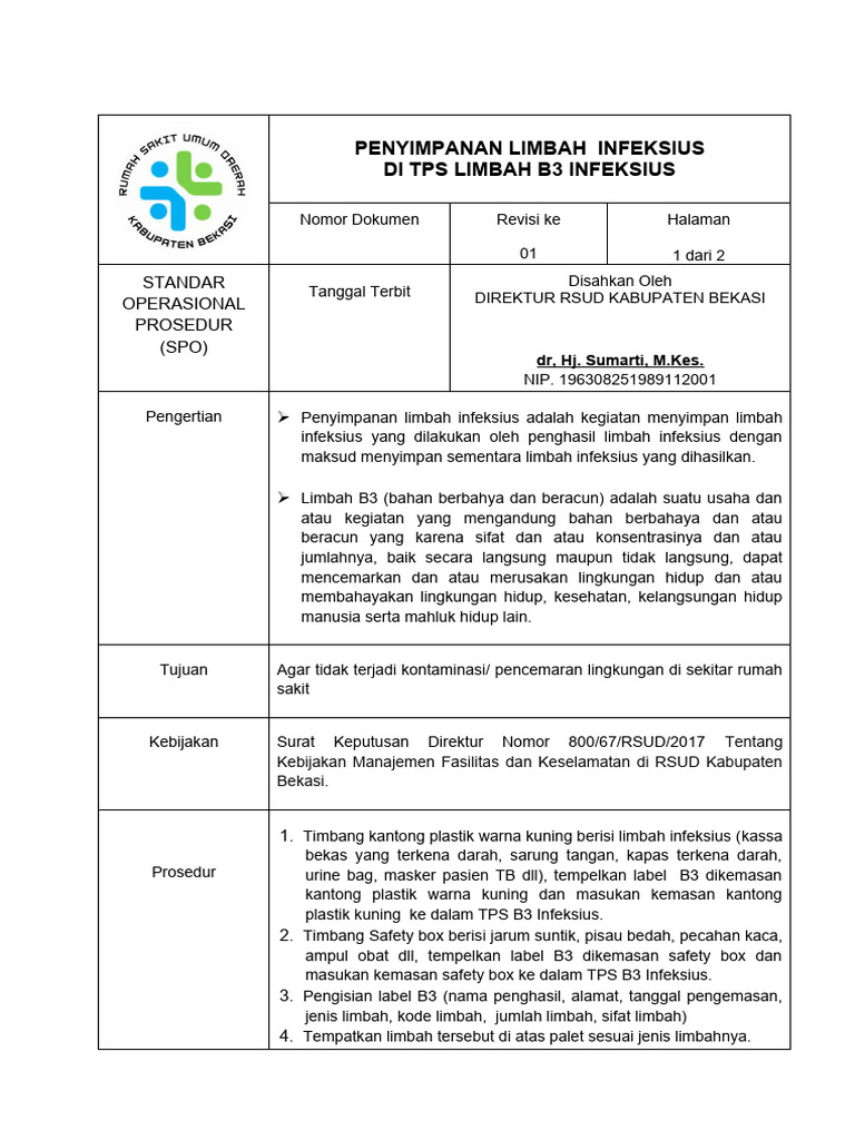 Sop Penyimpanan Limbah Infeksius Di TPS Limbah B3 Infeksius | PDF
