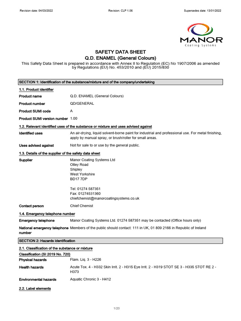 QD Enamel MSDS | PDF | Toxicity | Occupational Safety And Health