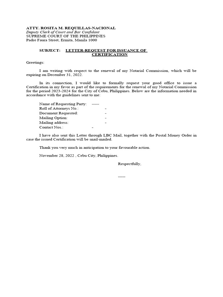 LETTER REQUEST TO OBC (Renewal of Notarial Commission) | PDF