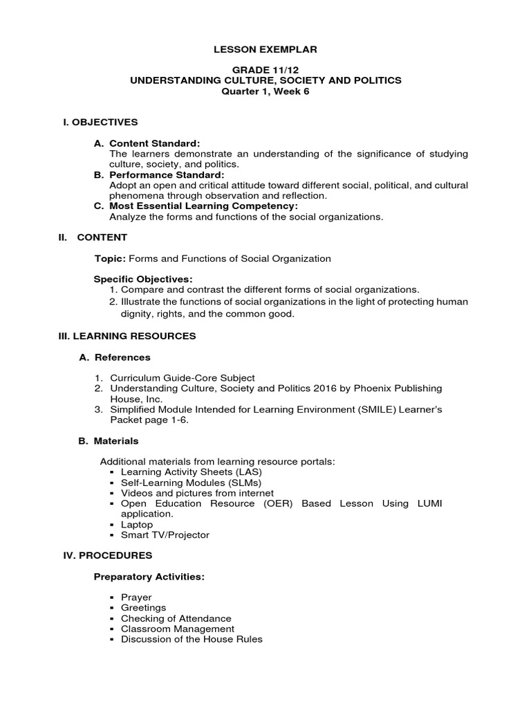 UCSP Lesson Plan: Social Organizations | PDF | Social Group | Socialization