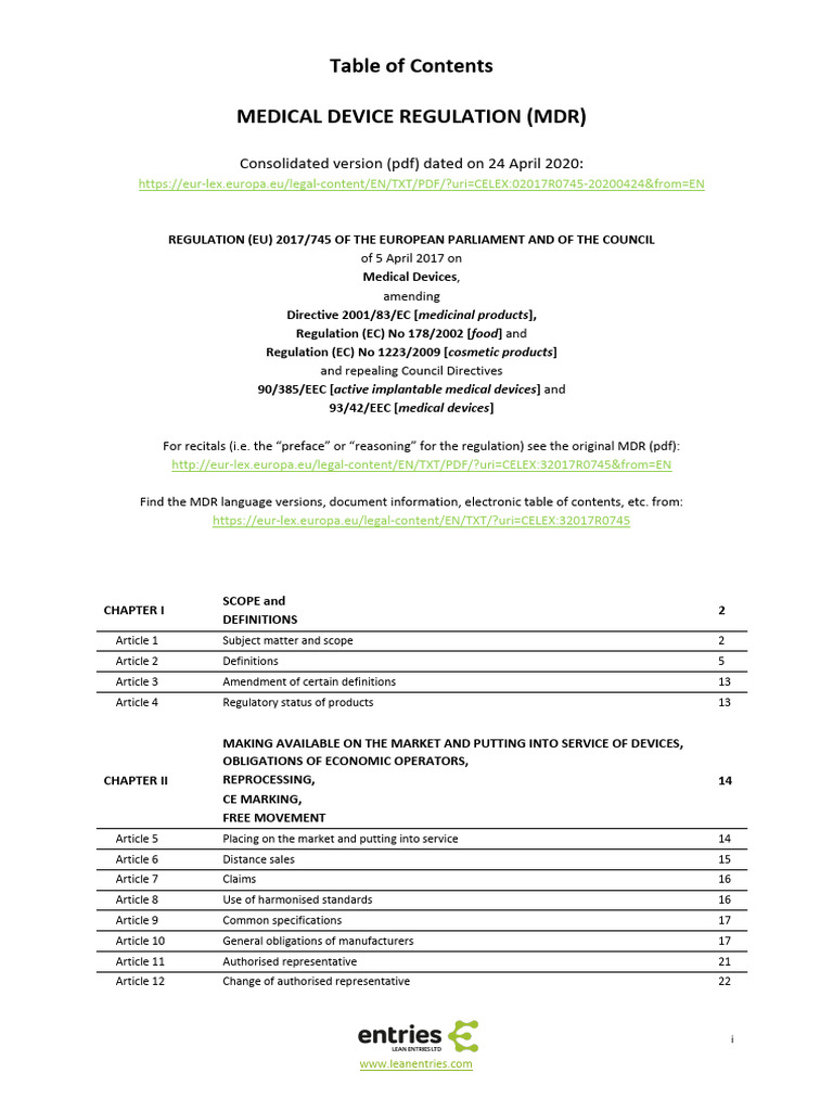 MDR Table of Contents | PDF | Medical Device