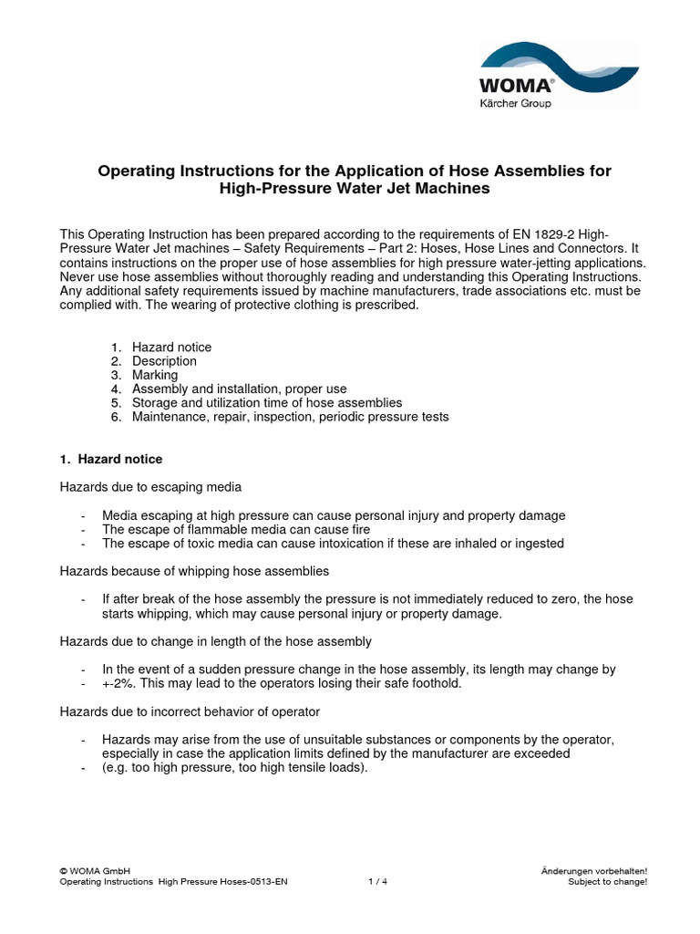 3 Operating Instructions High Pressure Hoses-0513-EN | PDF | Leak | Hazards