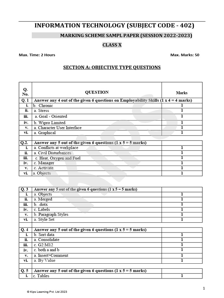 402 InformationTechnology Class X Sample Paper 1 AnswerKey | PDF | Sql ...