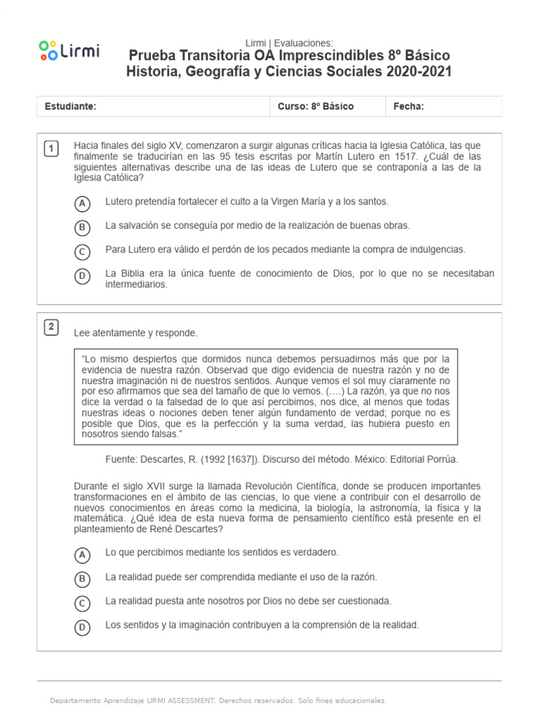 Prueba Transitoria Oa Imprescindibles 8o Basico Historia Geografia y Ciencias Sociales 2020 2021 ...