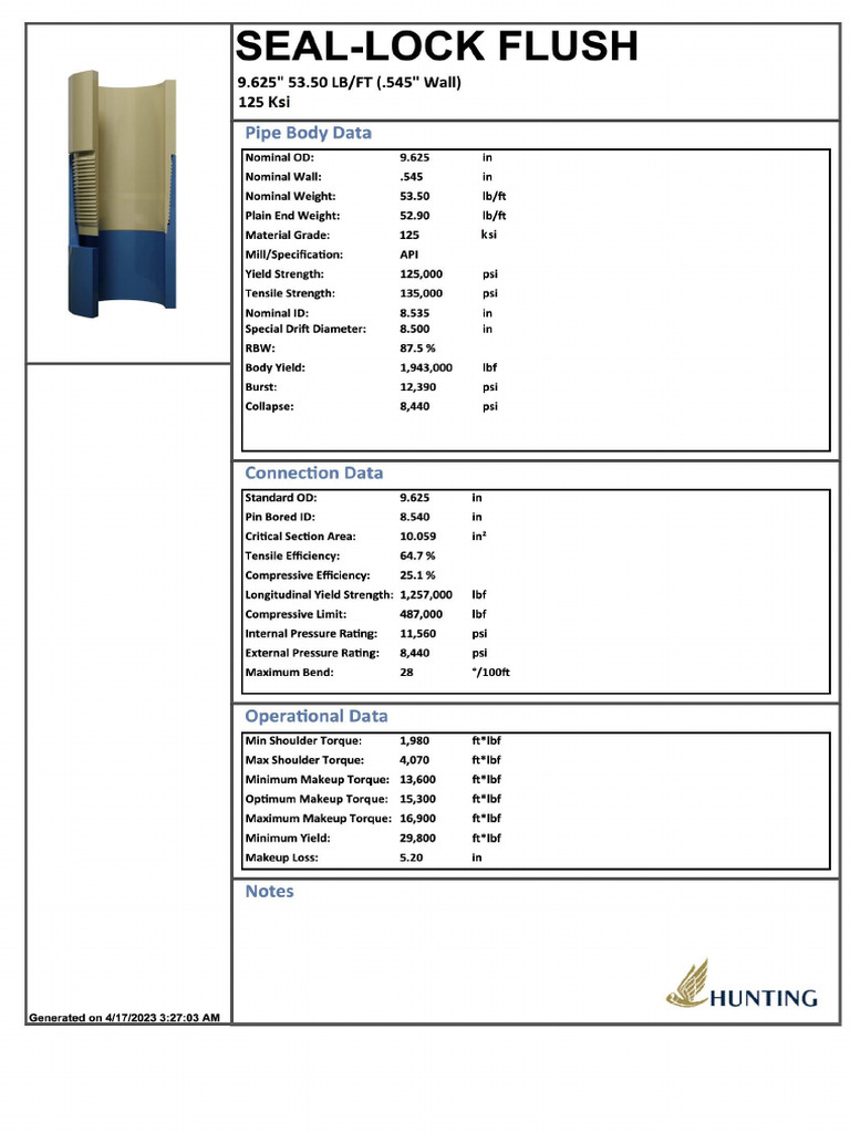 Hunting SL Flush DS 9 - 625IN 125ksi Special Drift | PDF