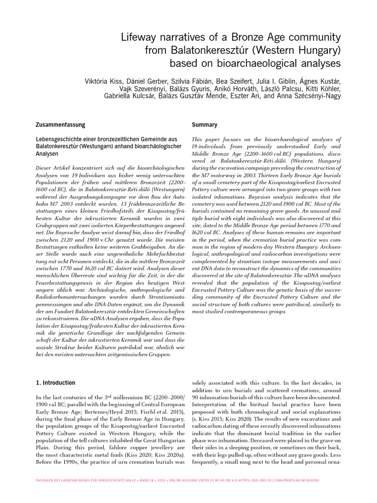 Lifeway Narratives of A Bronze Age Community From Balatonkeresztúr ...
