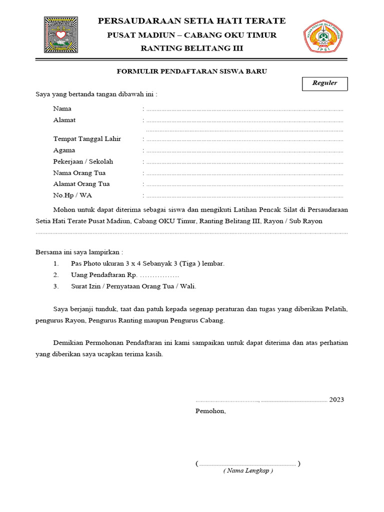 Form Pendaftaran PSHT Dan Pernyataan Orang Tua | PDF | Olahraga & Rekreasi