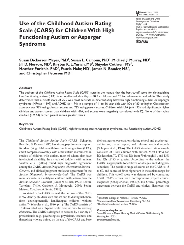Use of The Childhood Autism Rating Scale (CARS) For Children With High ...