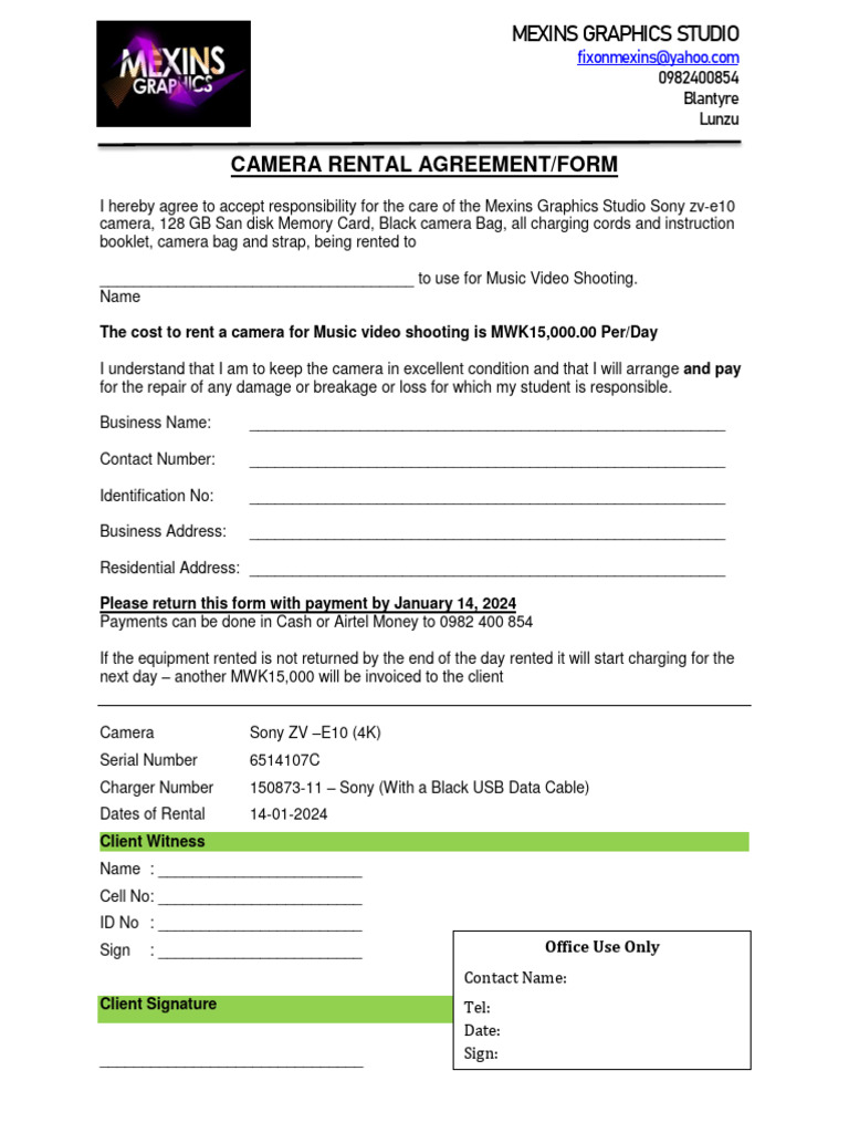 Mexins Graphics Camera-Rental-Agreement-Form | PDF
