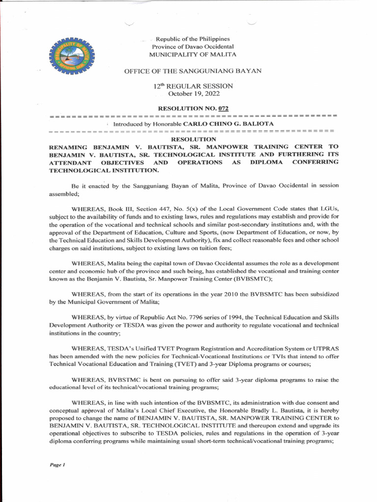 BVBSTI Resolution No. 072 S. 2022 | PDF