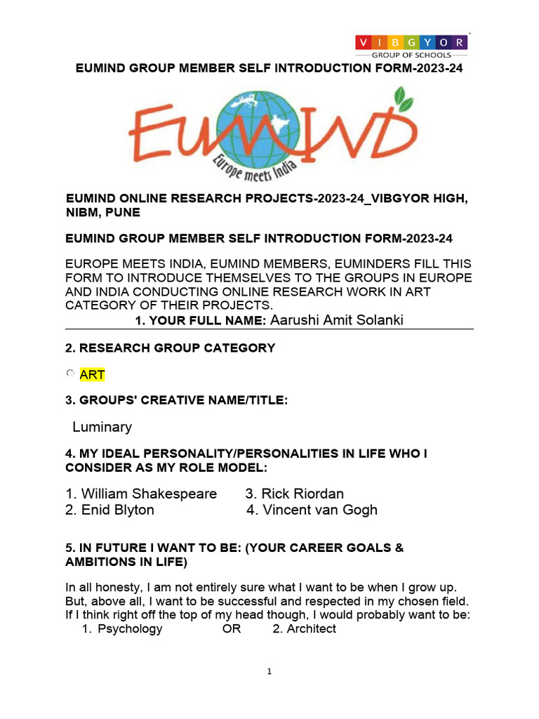 Self Intro Form-Name 2 | PDF | Social Science | Self-Improvement