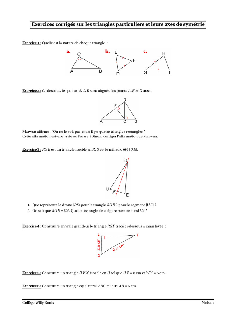 Exercices corrigés sur les triangles 6ème | PDF | Triangle | Géométrie ...