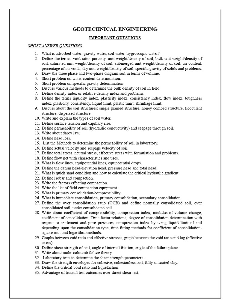 Geotechnical Engineering Imp Questions | Download Free PDF | Soil Mechanics | Density
