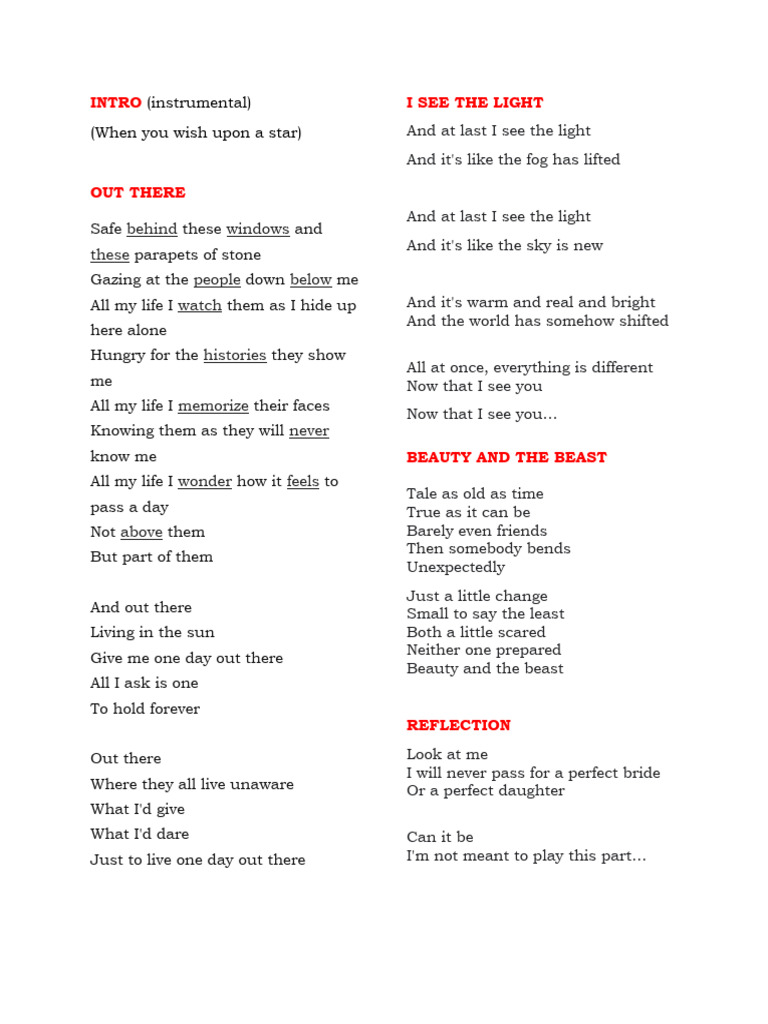 Disney Medley Lyrics Compilation | PDF | Poetry