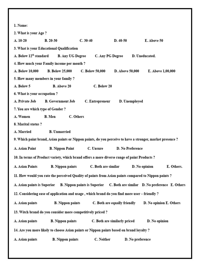 Asian Paints Questionnaires | PDF | Brand | Marketing