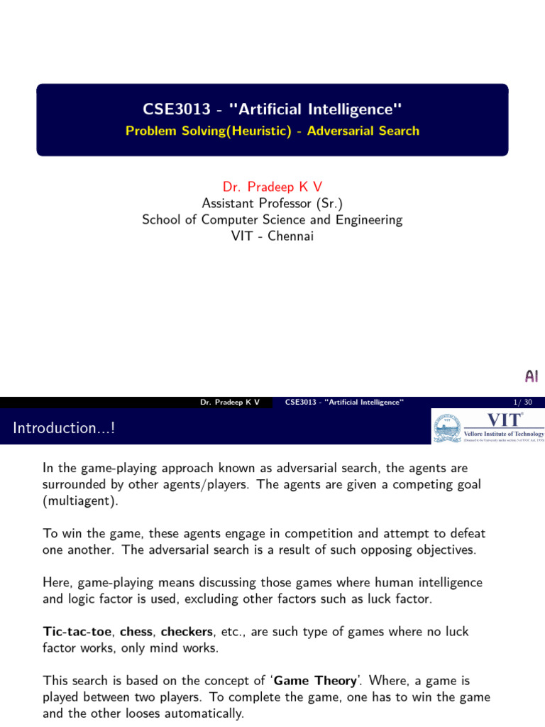 3 - CSE3013 - Adversarial Search | PDF | Applied Mathematics | Theoretical Computer Science
