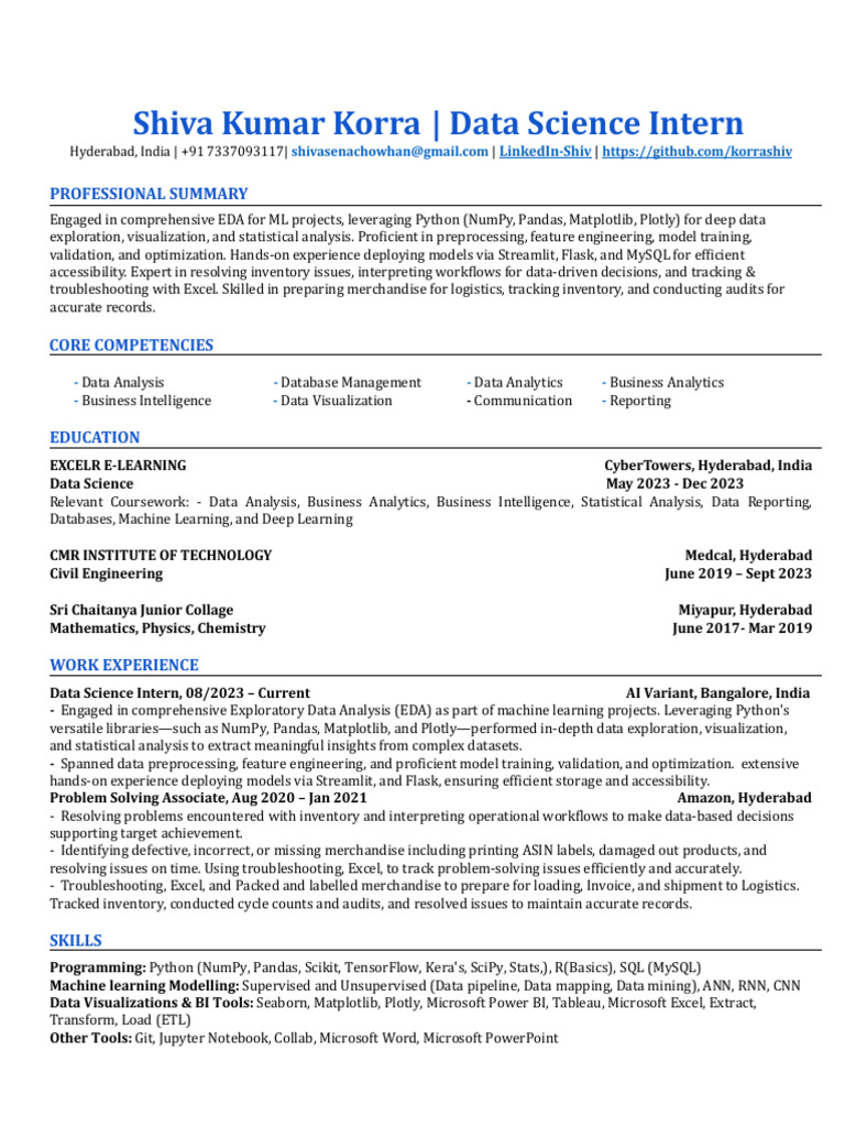Shiva Kumar Data Science Resume | PDF | Data | Data Science