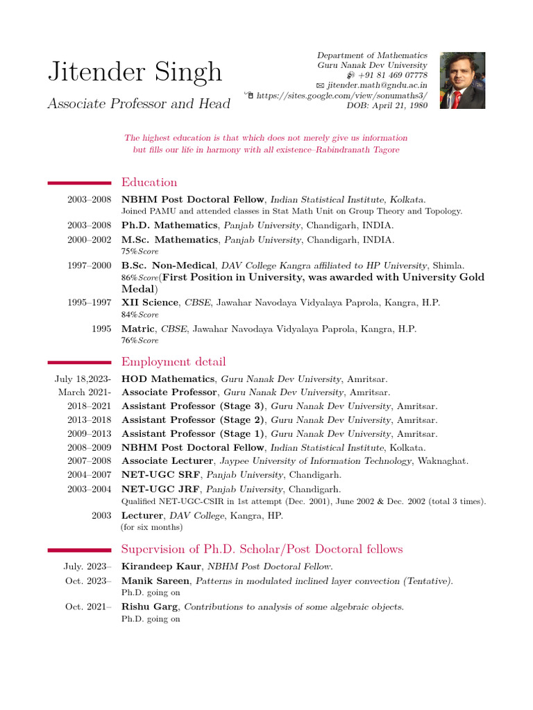Jitender Singh: Associate Professor and Head | PDF | Mathematical ...