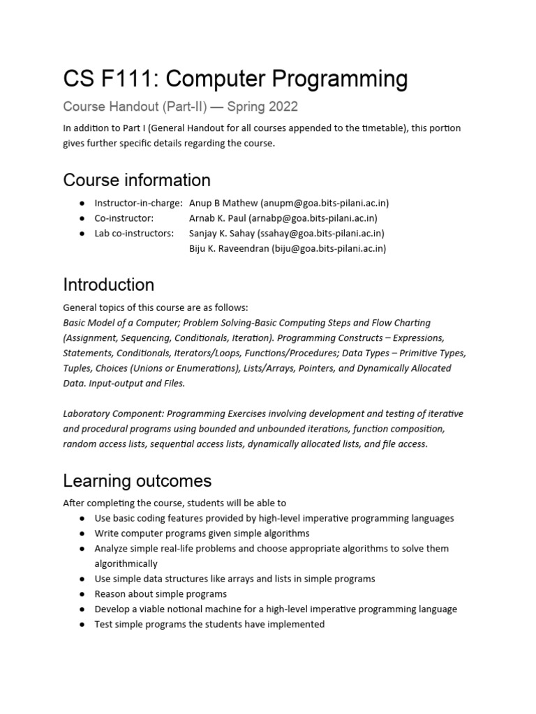 CS F111 Spring 2022 Handout (BITS Goa) | PDF | Computer Programming | Computer Program