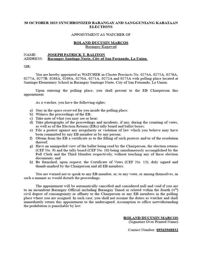 Appointment As Watcher | PDF | Political Corruption | Group Decision Making