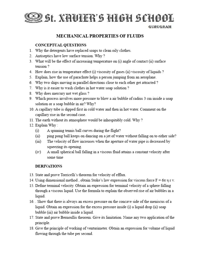 Mechanical Properties of Fluids - WKSHT-SXHS | PDF | Liquids | Surface ...