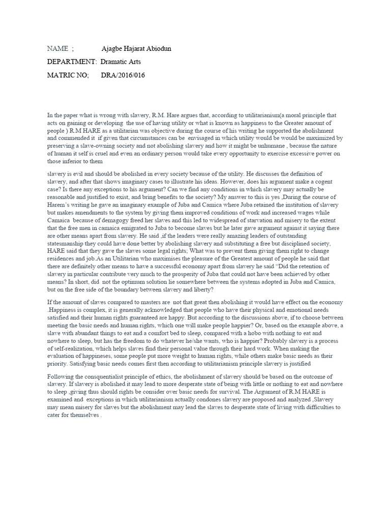 What Is Wrong With Slavery 002 | PDF | Utilitarianism | Slavery