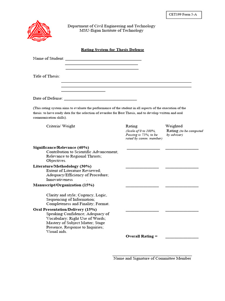 CE 199 Form 5 A Rating System For Thesis Defense B 1 | PDF | Thesis ...