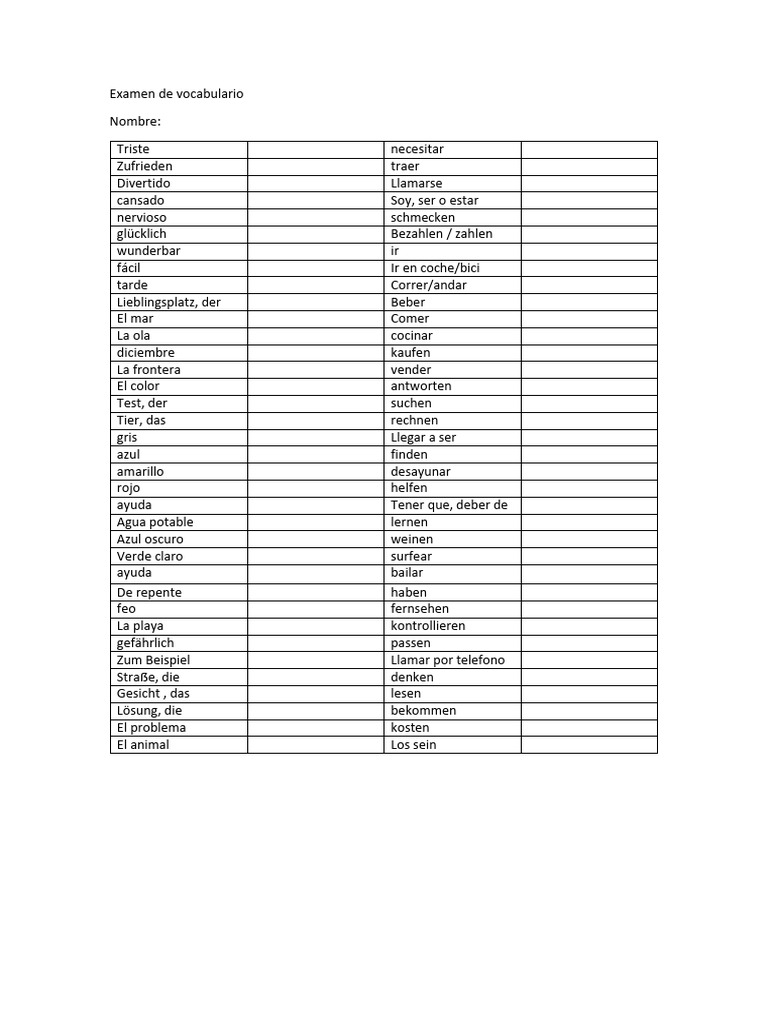 Examen de Vocabulario A1 | PDF | Artes del Lenguaje y Comunicación
