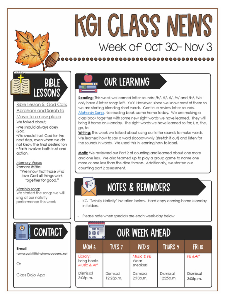 Oct 30-Nov 3 KG1 Weekly Newsletter | PDF