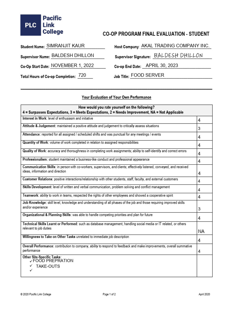 8 Co-Op Final Student Evaluation | PDF