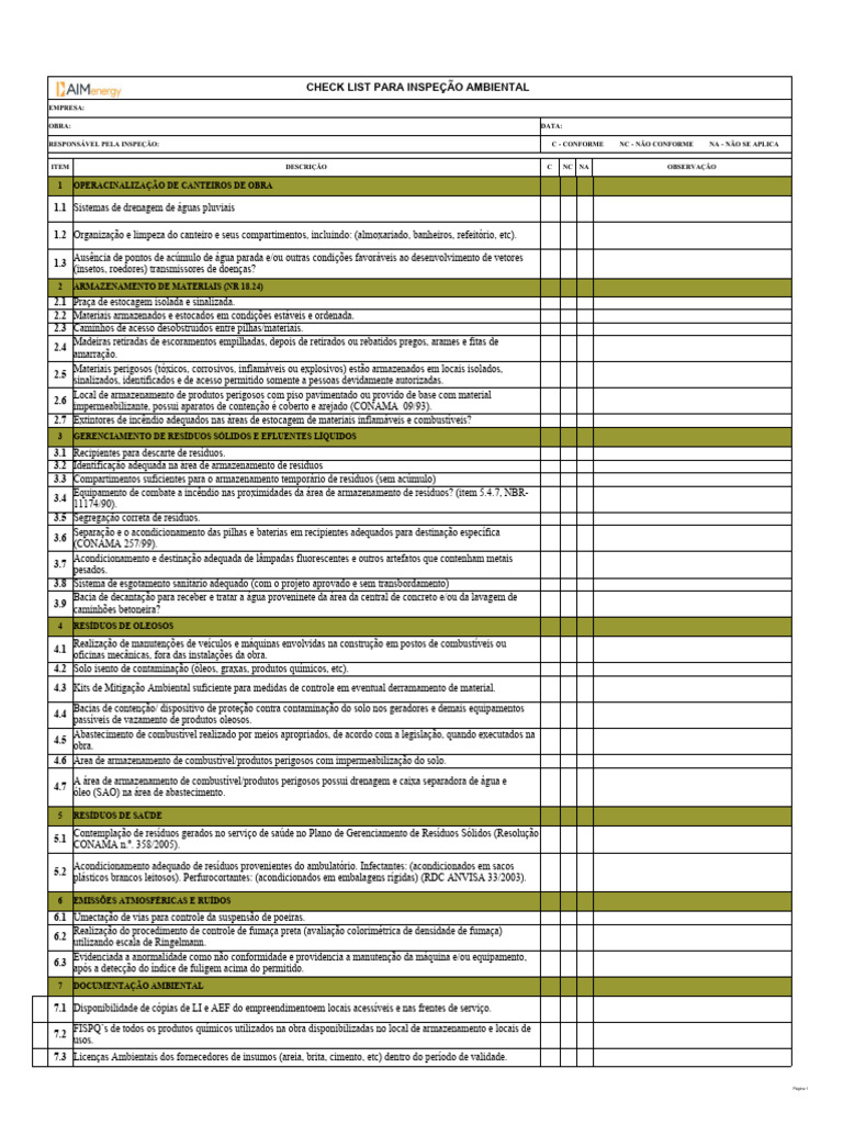 Check List Inspecao Canteiro MODELO | PDF | Desperdício | Efluente