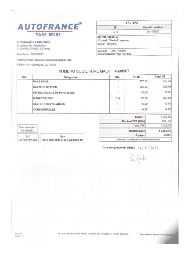 Facture Pare Brise | PDF