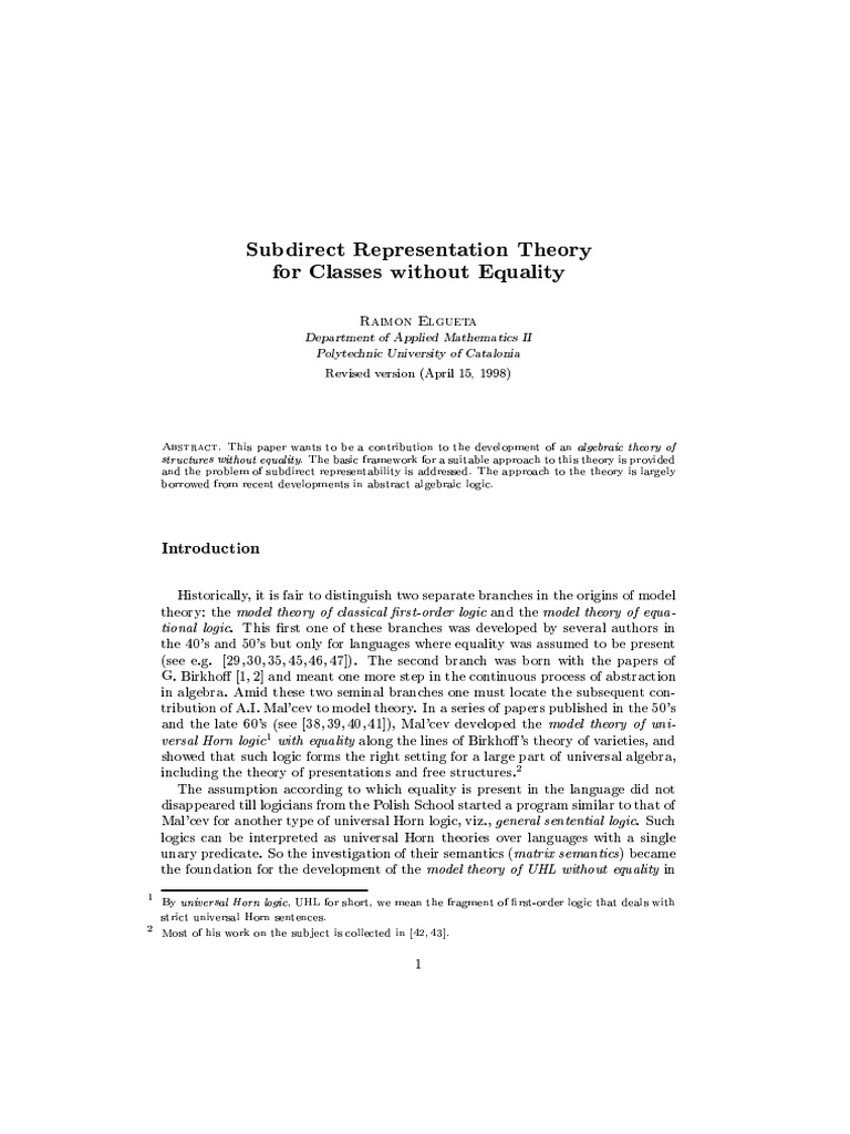 Subdirect Representation Thoery For Classes Without Equality | PDF