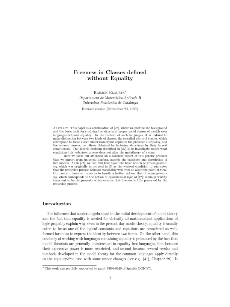 Freeness in Classes defined without Equality | PDF