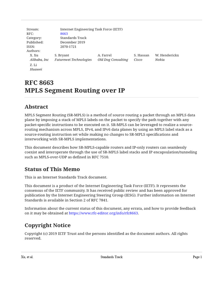 rfc8663 (MPLS Segment Routing Over Ip) | PDF | Networking | Multiprotocol Label Switching