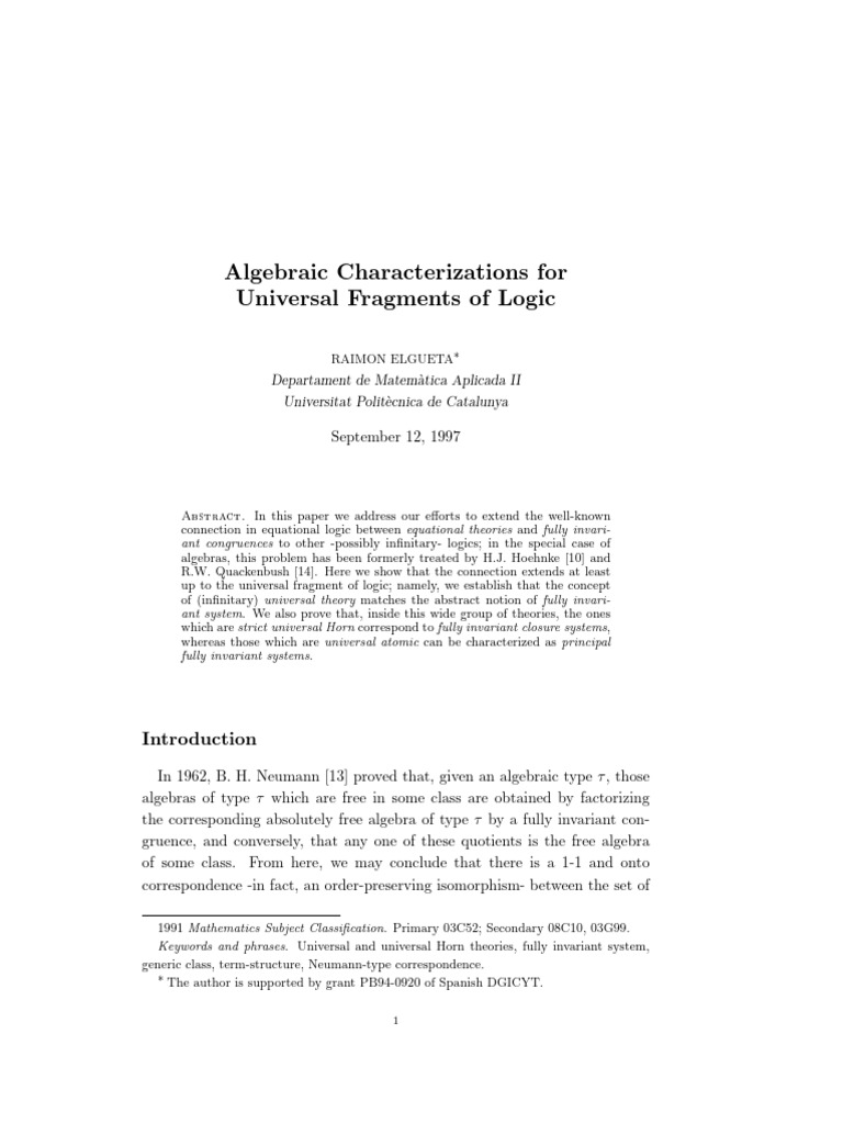 Algebraic Characterizations For Universal Fragments of Logic | PDF