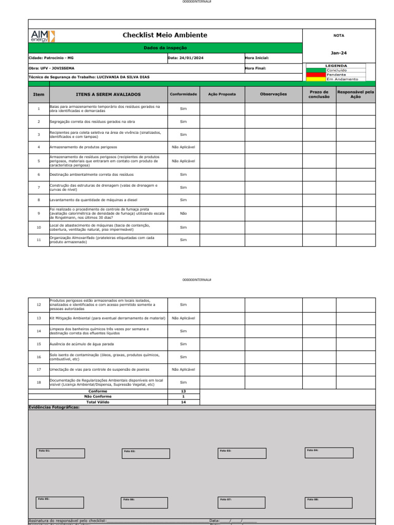 Checklist Meio Ambiente: Dados Da Inspeção Jan-24 | Download grátis PDF ...