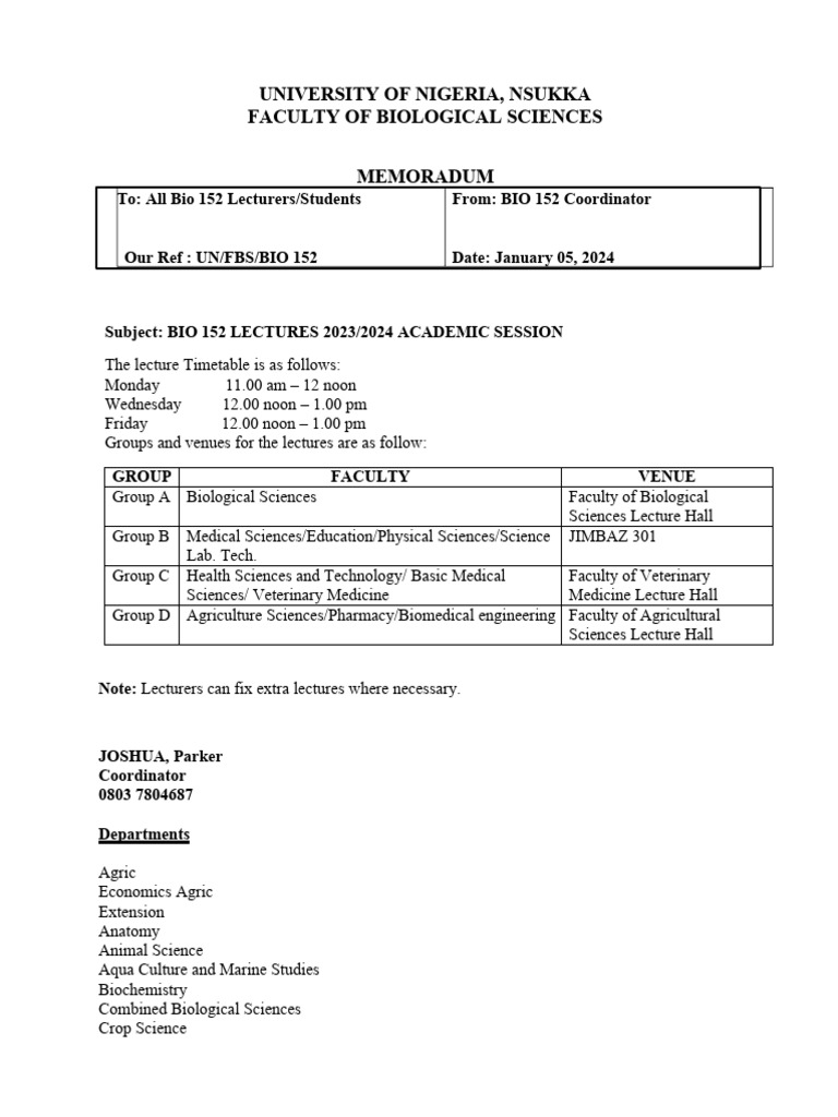 Bio 152 Lecture Schedule (2023-2024) | PDF | Biotechnology | Metabolism