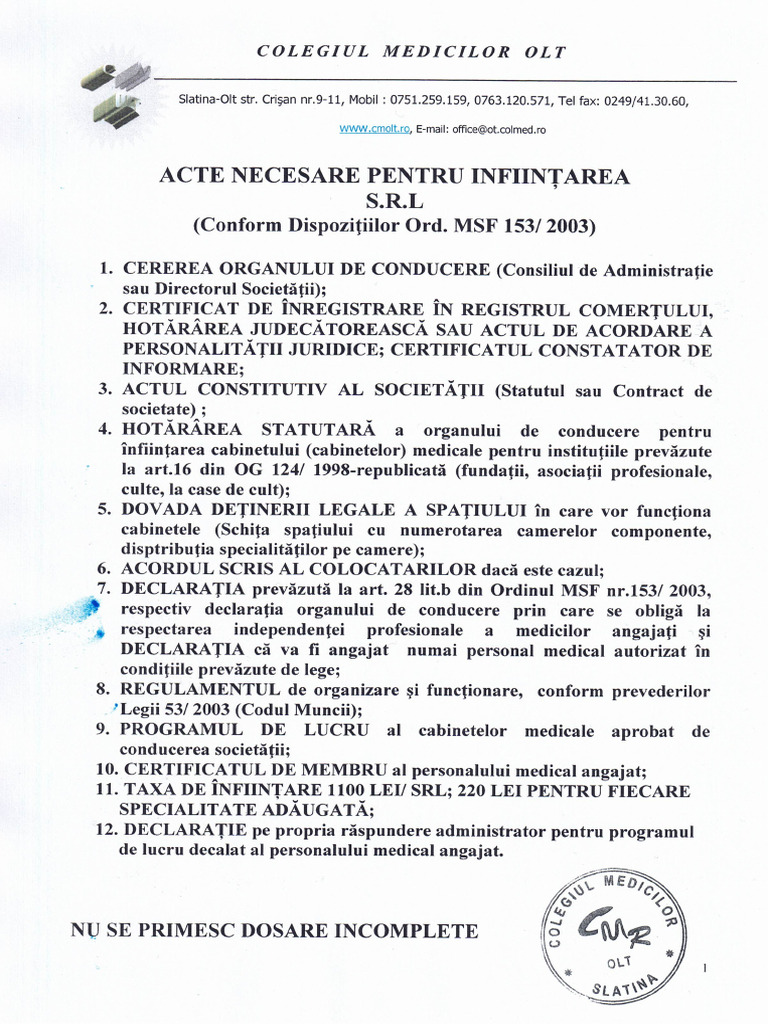 Acte Necesare Infiintare SRL | PDF