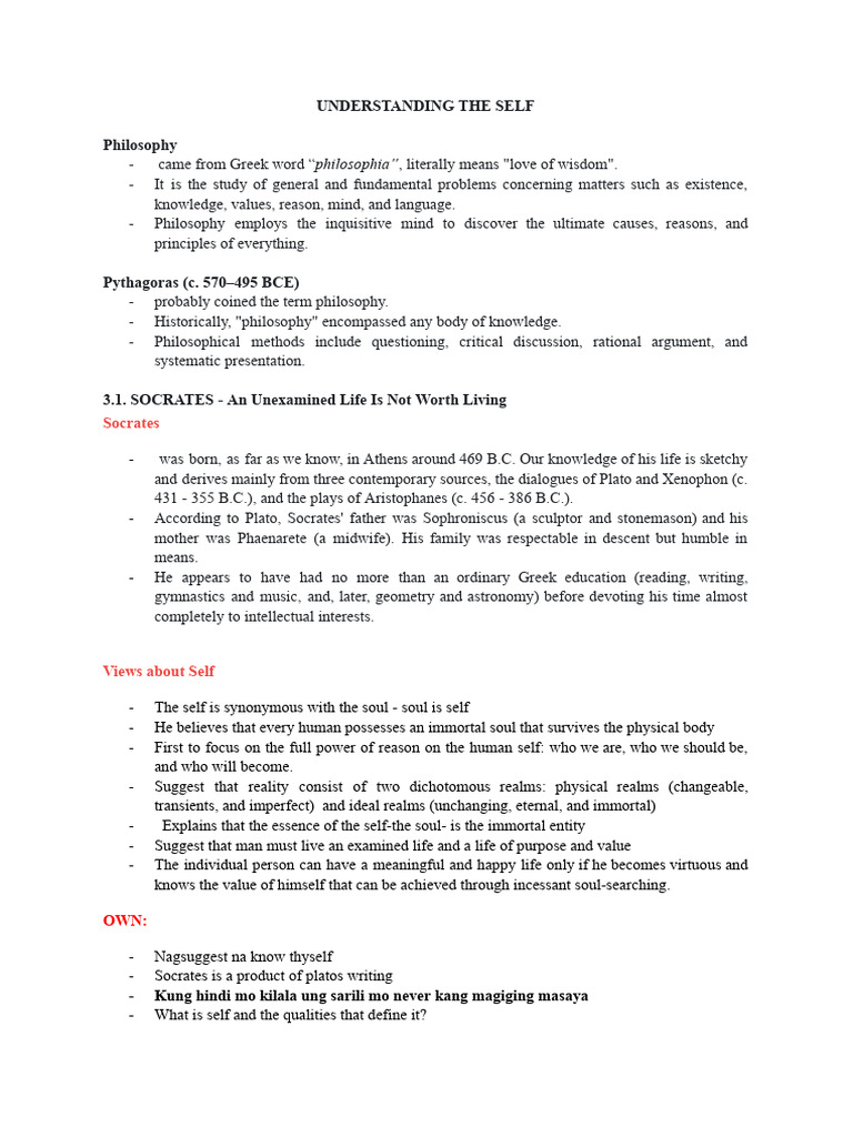 Understanding The Self | PDF | Philosophy Of Self | Socrates