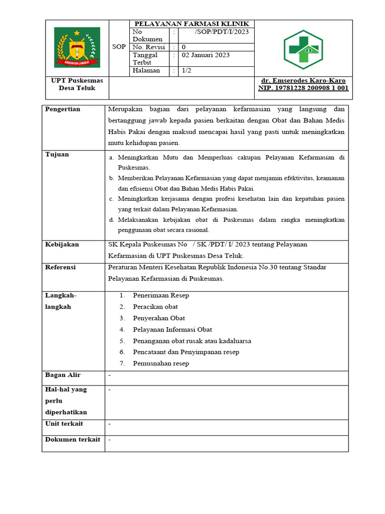 Sop 3.10.C Pelayanan Farmasi Klinik | PDF