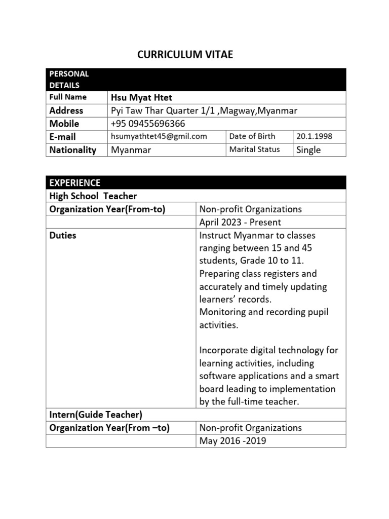 Hsu Myat Htet (S-16860) CV Form | PDF | Teachers | Cognition