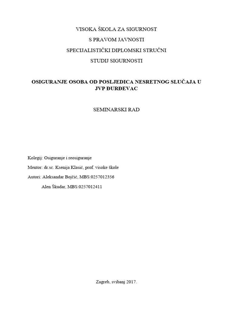 Seminarski Rad-Osiguranje I Reosiguranje | PDF