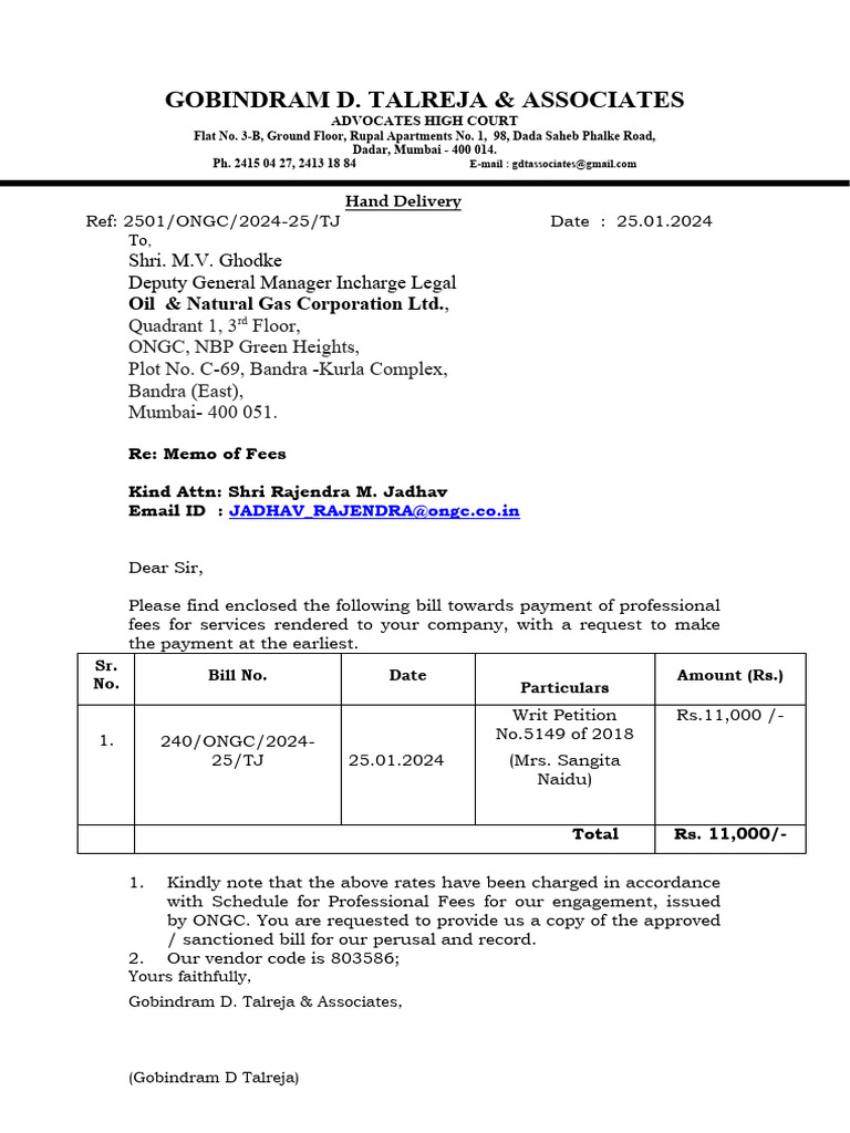 ONGC Fee Memo for Mrs. Sangita Naidu | PDF