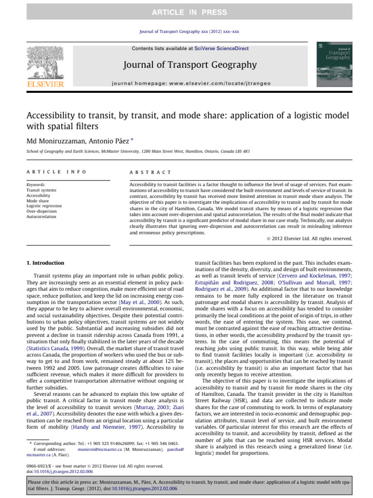 Accessibility To Transit, by Transit, and Mode Share Application of A ... Accessibility To Transit, by Transit, and Mode Share Application of A ...