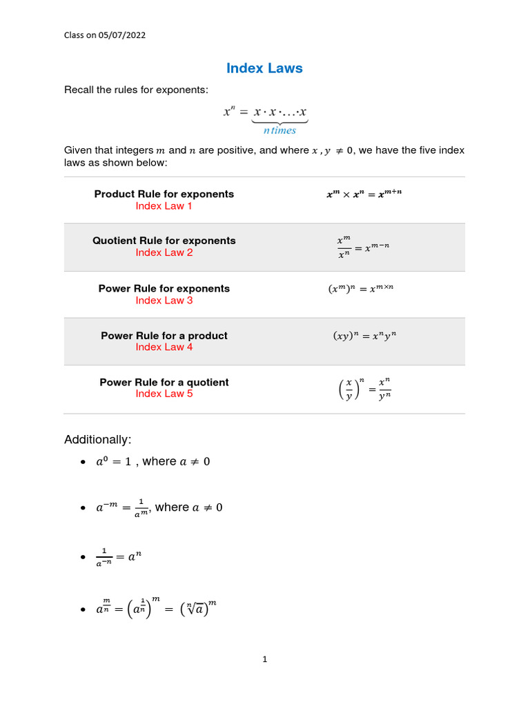 Understanding Index Laws and Exponents | PDF | Mathematics | Arithmetic