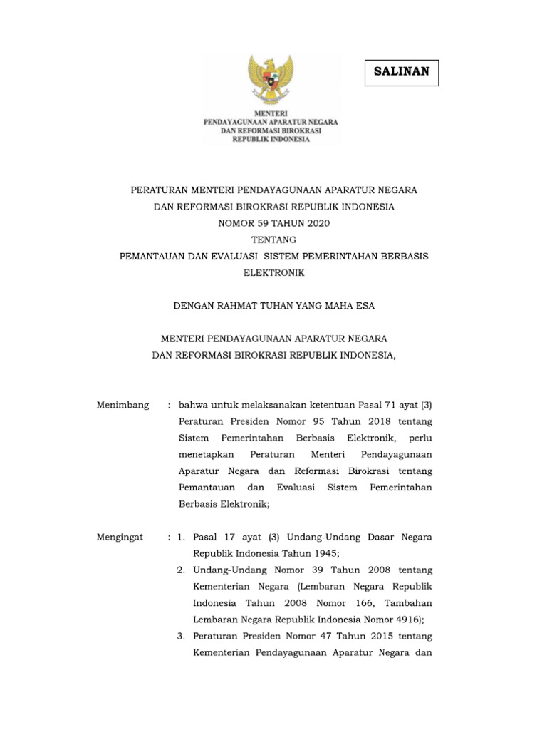 Per MenPan RB No.59 Tahun 2020 (Pemantauan Dan Eval SPBE) | PDF