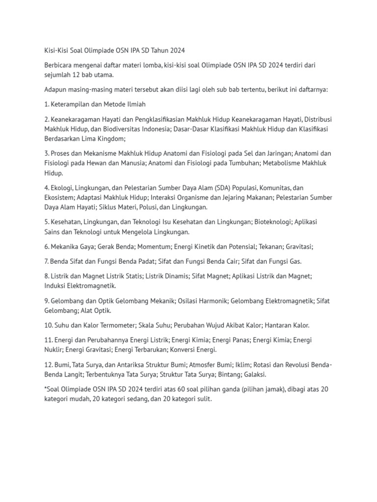 Kisi Kisi Osn Ipa SD 2024 | PDF | Sains & Matematika | Teknologi & Rekayasa