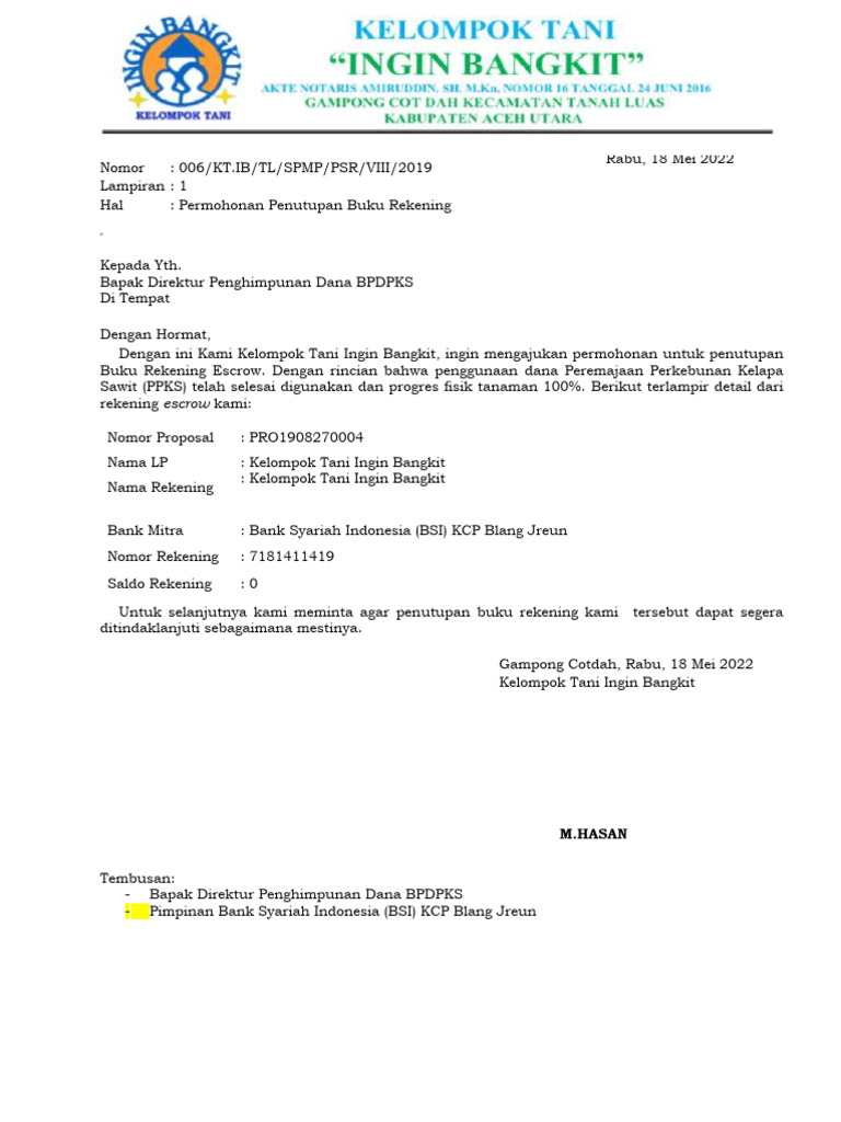 Surat Permohonan Penutupan Rek - Kop Ingin Bangkit | PDF