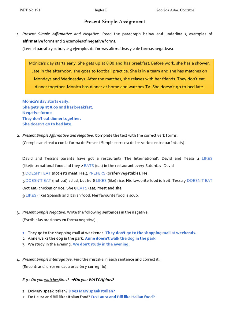 Present Simple Assignment | PDF | Eating Behaviors Of Humans | Foods
